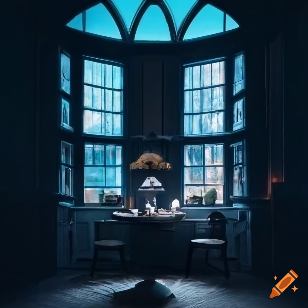 A manor study room with a bay window and dim lighting, by night on Craiyon