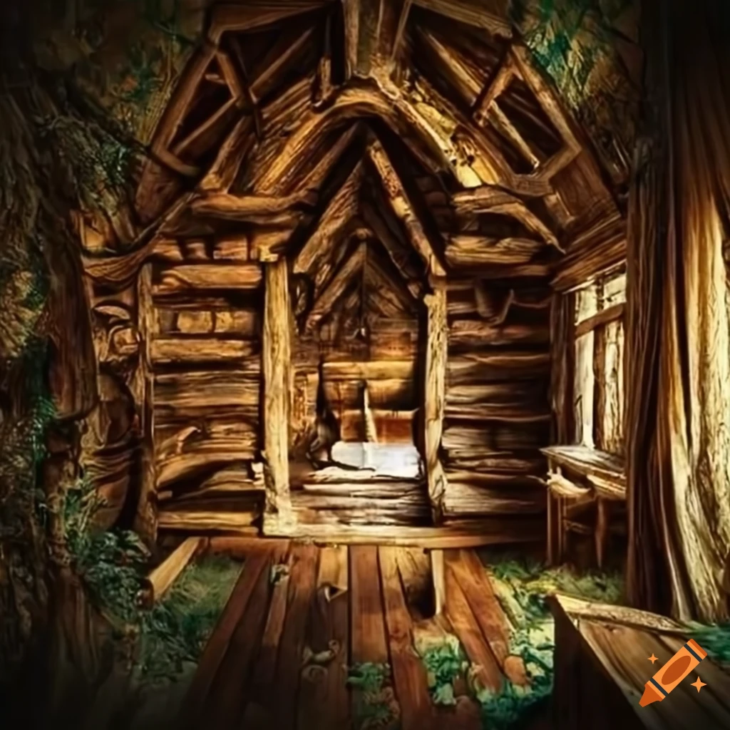 The inside of an ornate wooden cabin in dense woodland on Craiyon