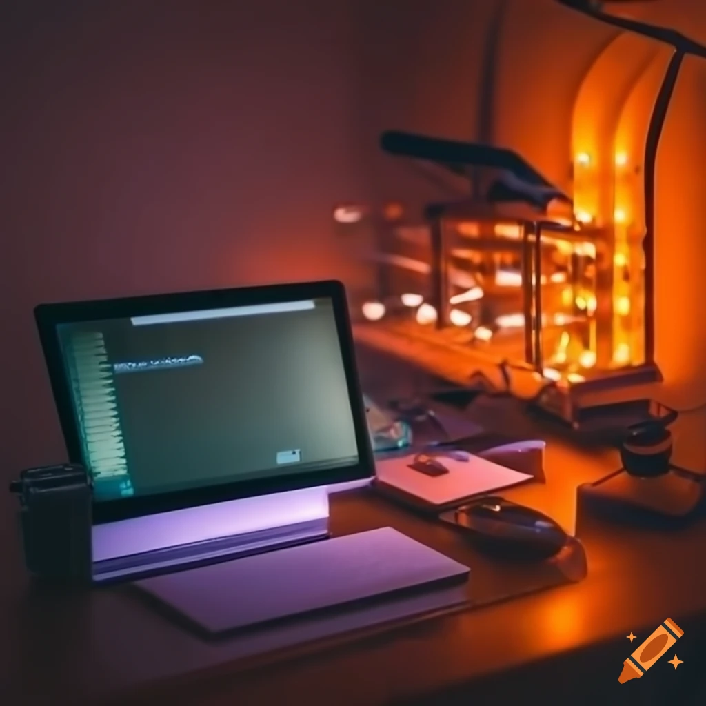 Analytical laboratory with computer, orange lights on Craiyon