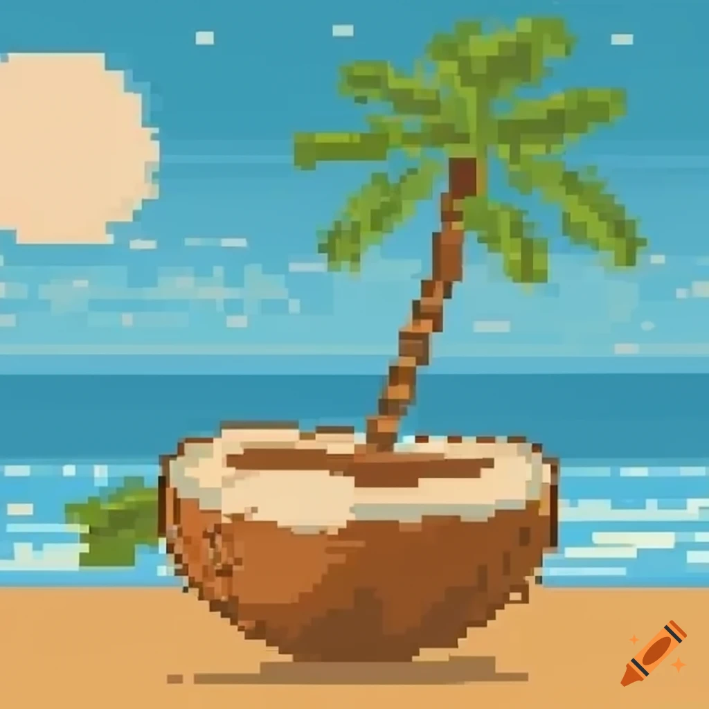 Pixelart of coconut with a straw on a beach