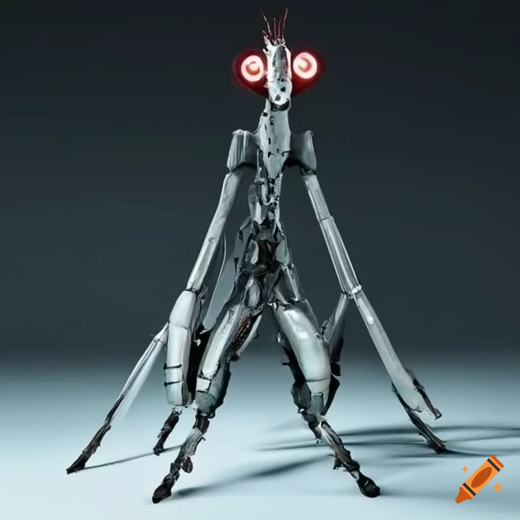 Robotic praying mantis made of aluminium, neon eyes, futuristic style