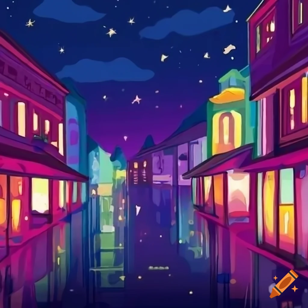A colorful cartoon-style street at night with stars