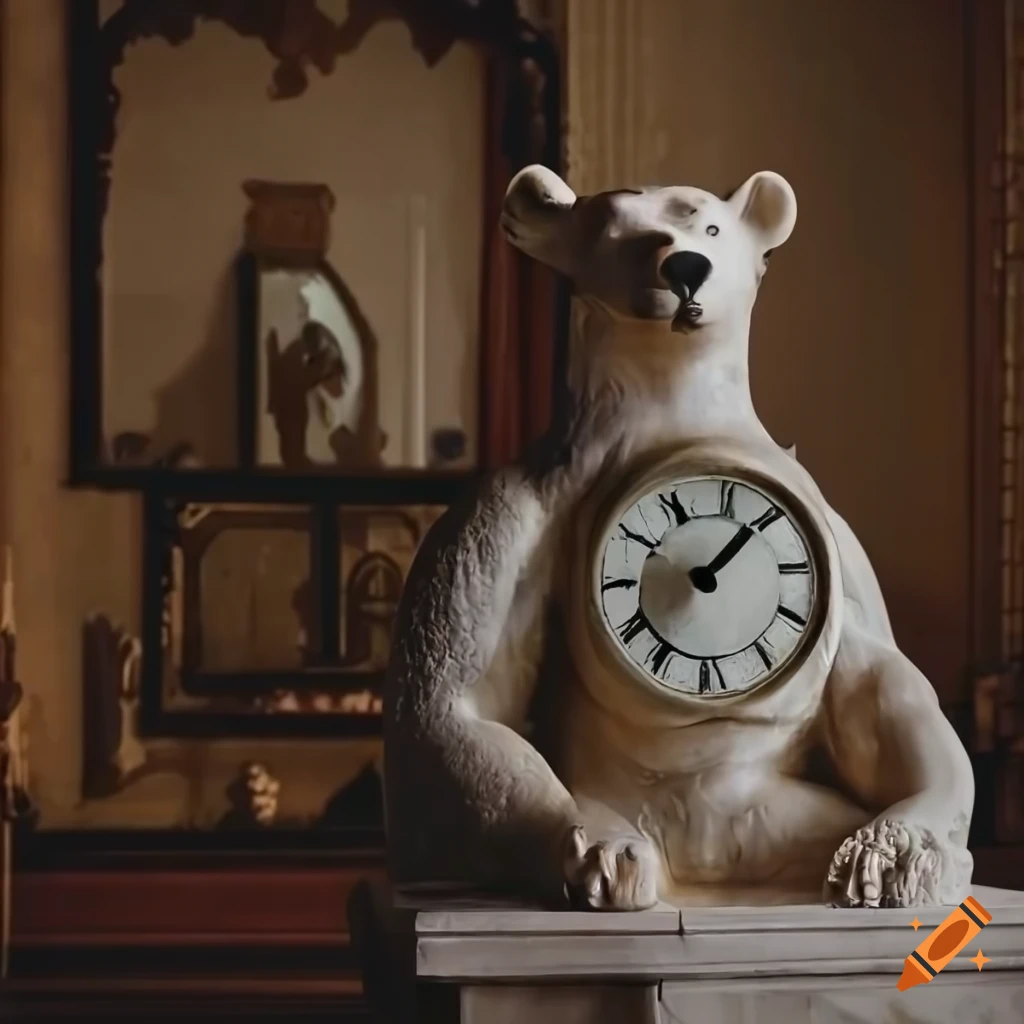 Marble statue of a bear with a clock in it places in an hall of a old manor