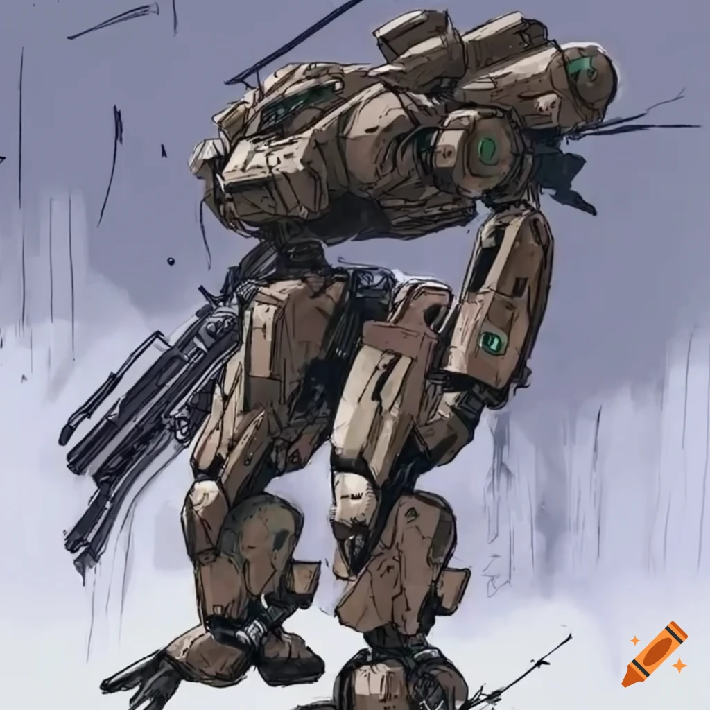 Big bipedal mecha equipped with a railgun and a missile pod , standing ...