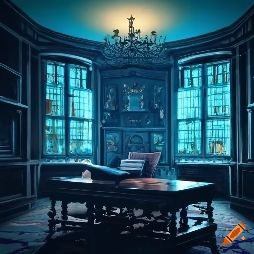A large manor study room, blue light from the night