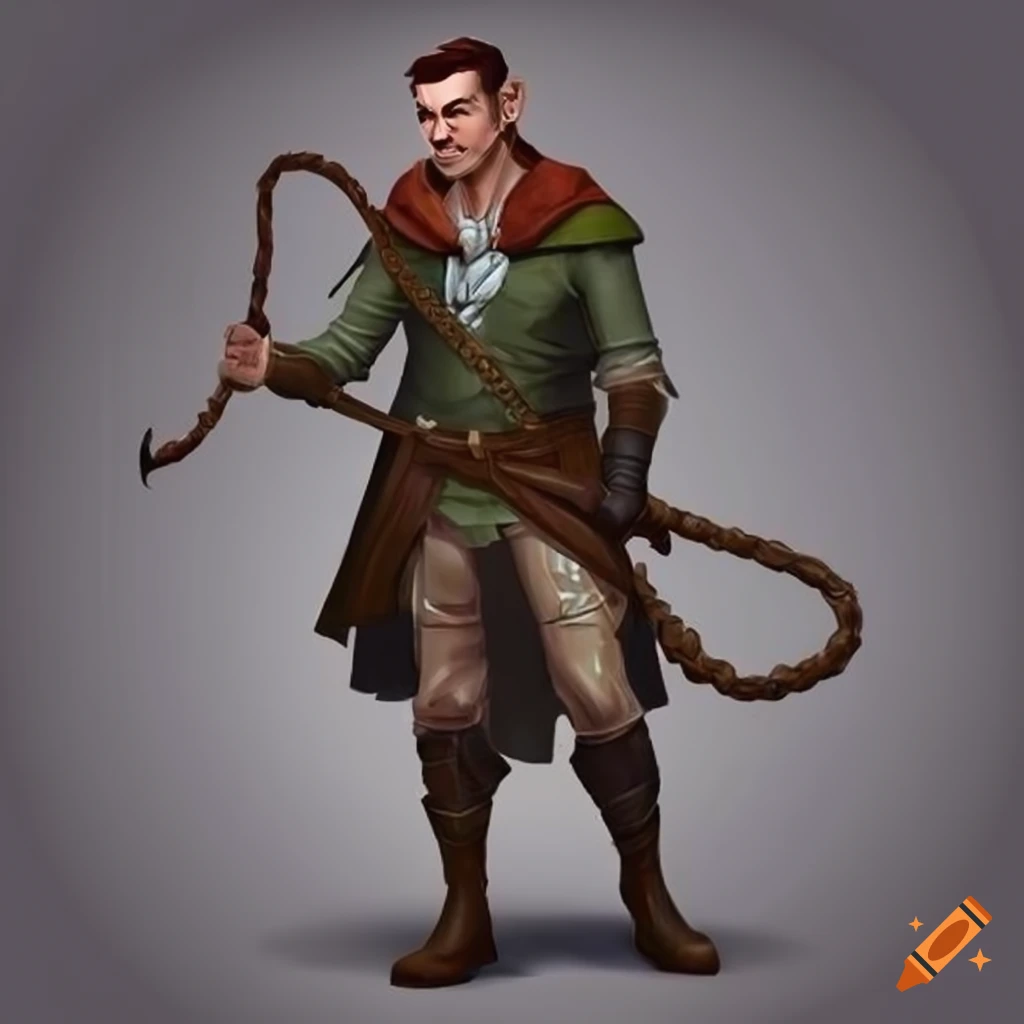 Male half-elf archeologist adventurer with a whip on Craiyon