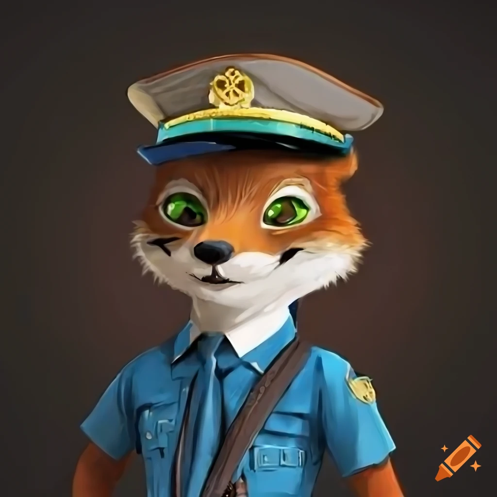 Handsome anthropomorphic fox wearing security uniform with fur collar ...