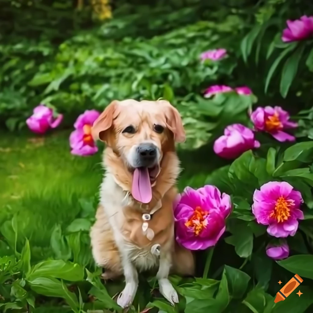 Dog in peonies - Dog sitting among vibrant peonies in a lush garden ...
