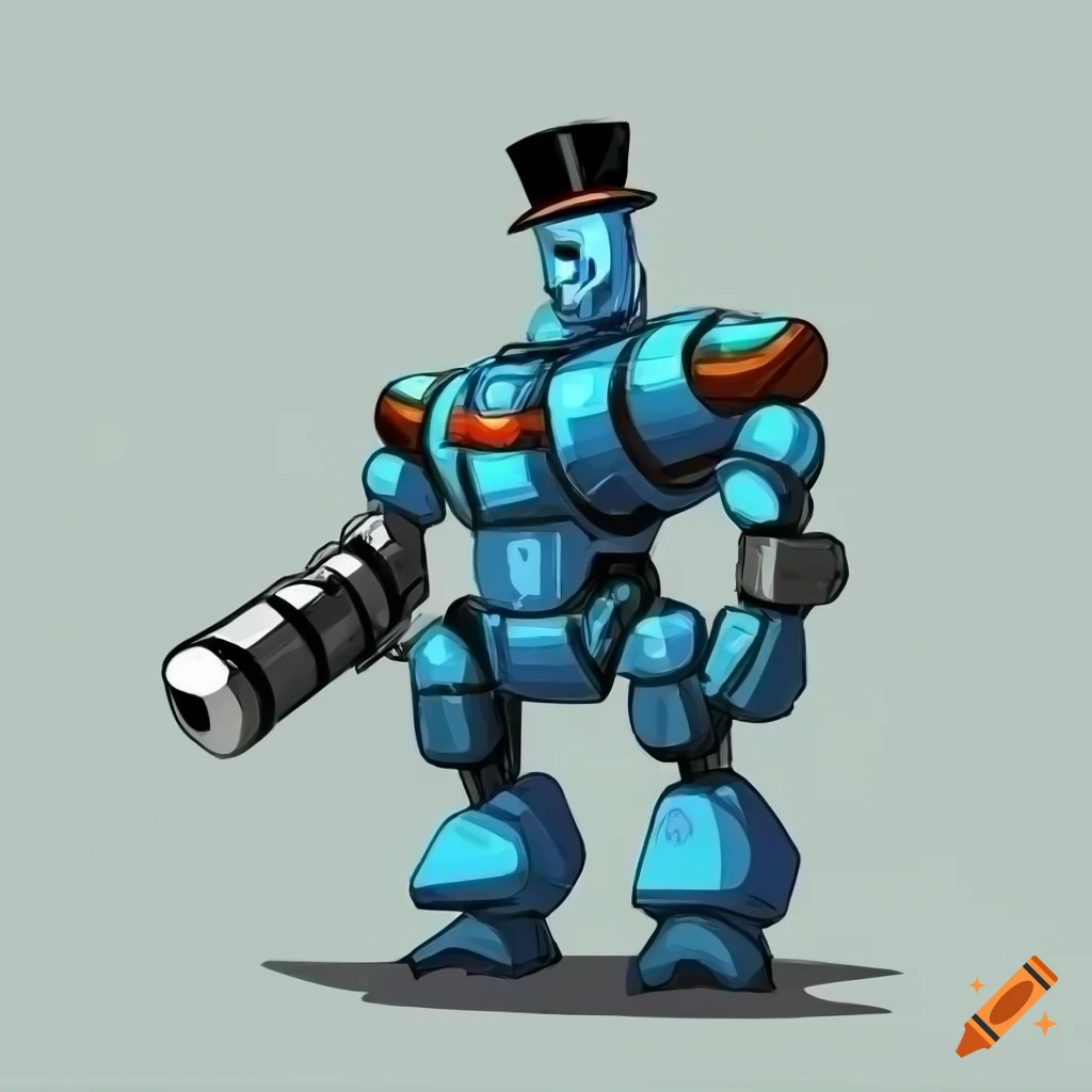 Cartoonish giant mech armed with top hat and cannons, white background ...