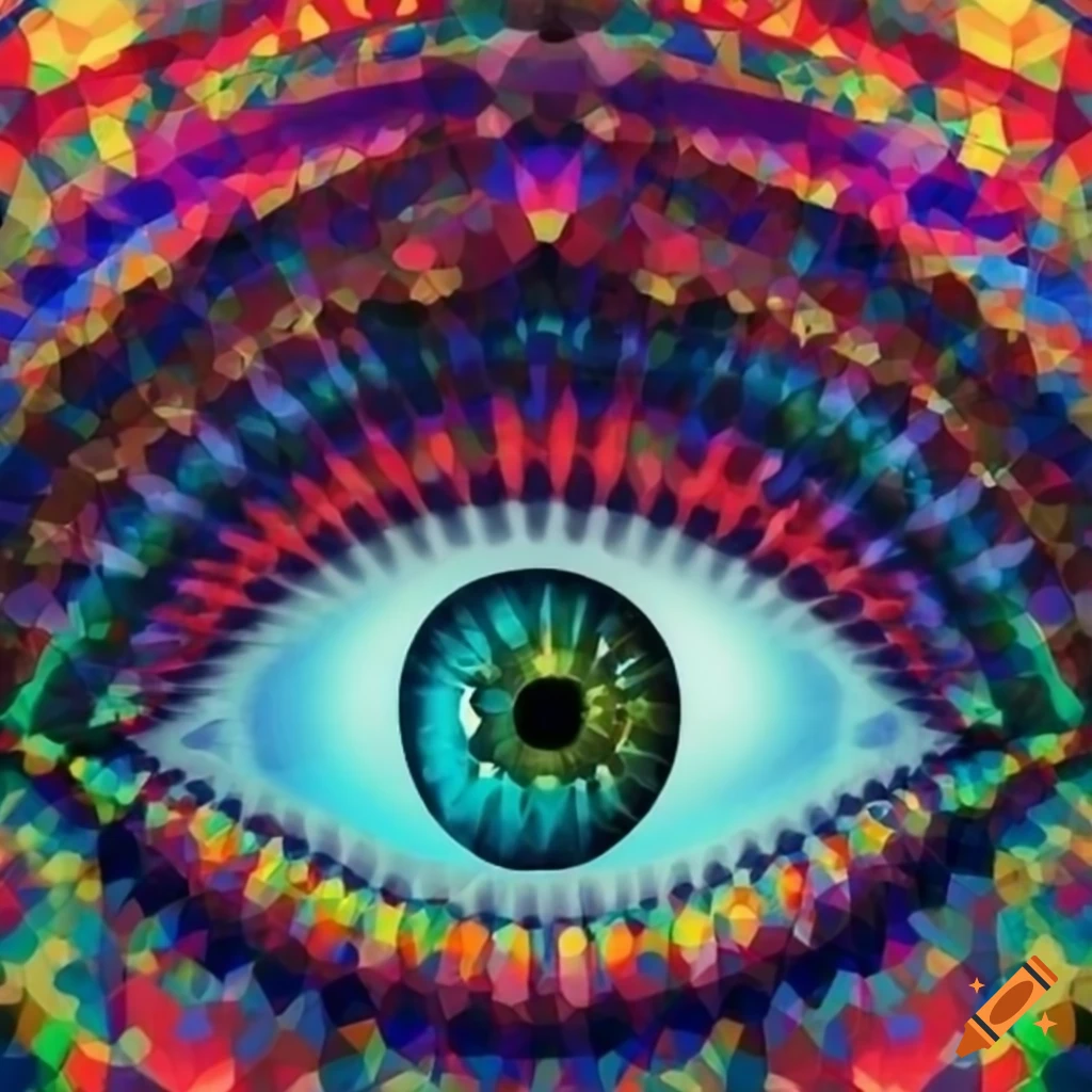 Multi-colored geometric design with a central eye