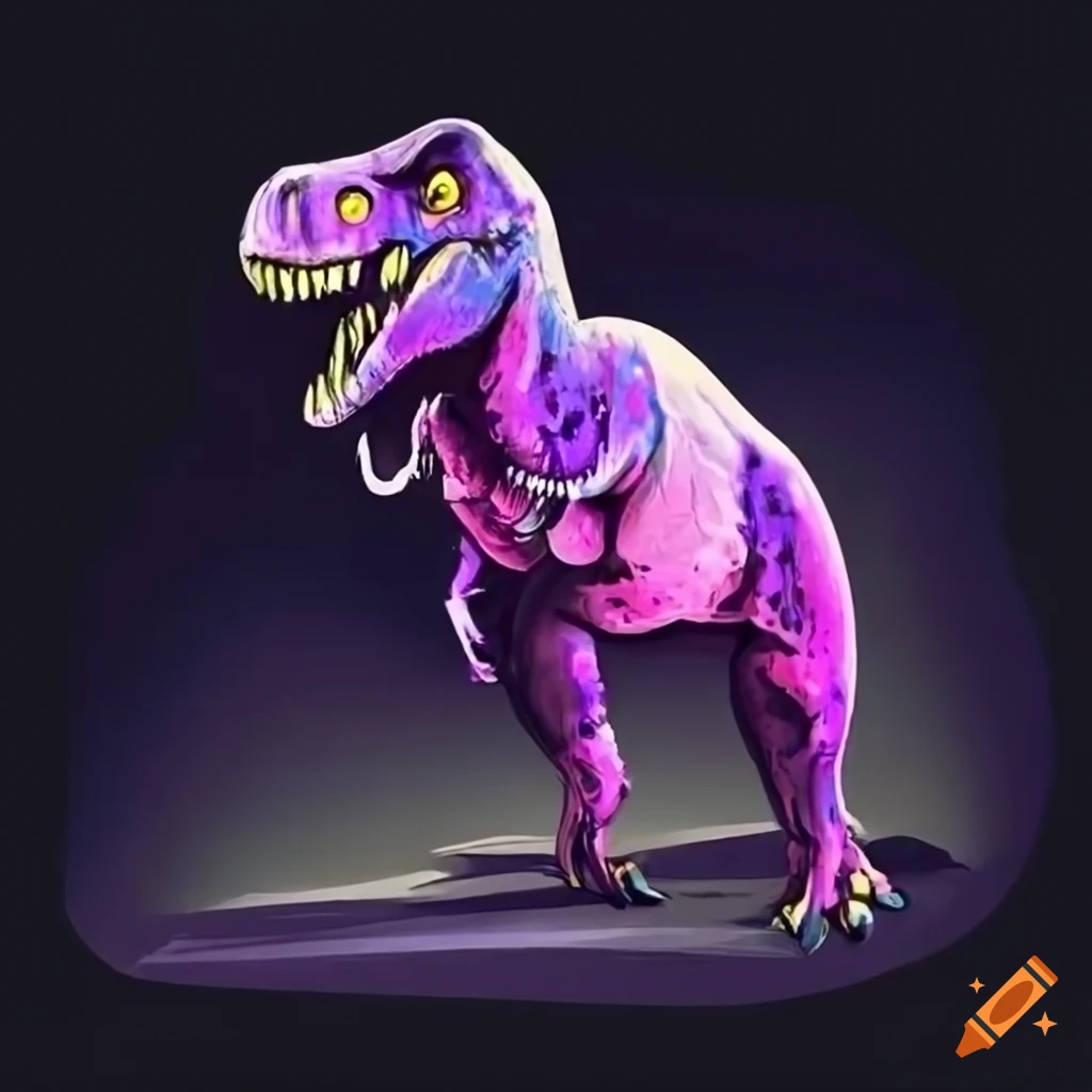 A purple t-rex is depicted in a paper drawing, wielding a sword, in a style resembling crayon ...