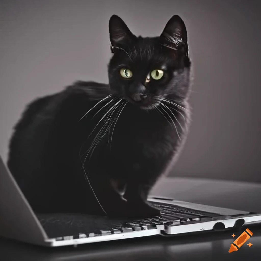 Black cat working with macbook