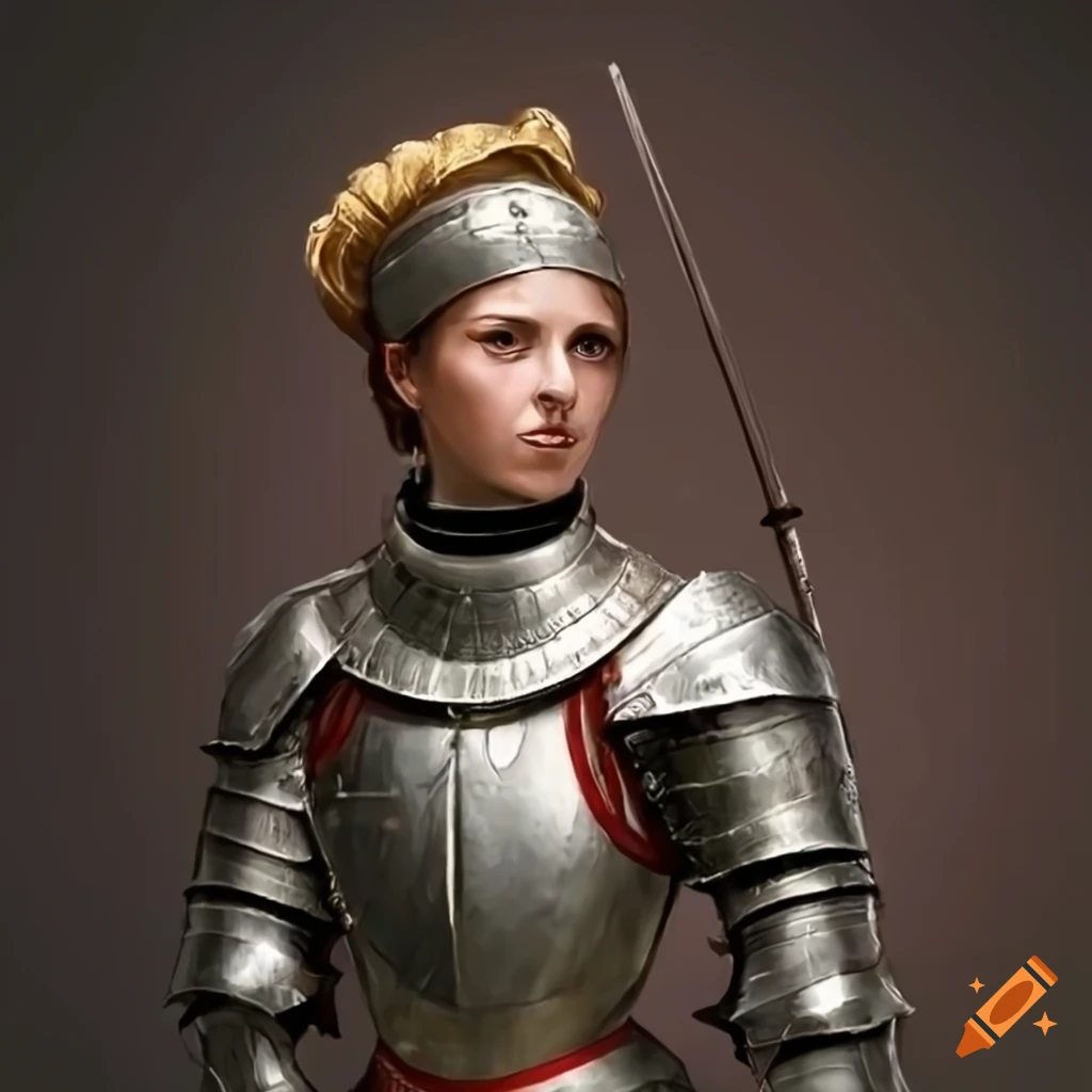 Joan of arc, french heroine, wearing armor and holding flag on Craiyon