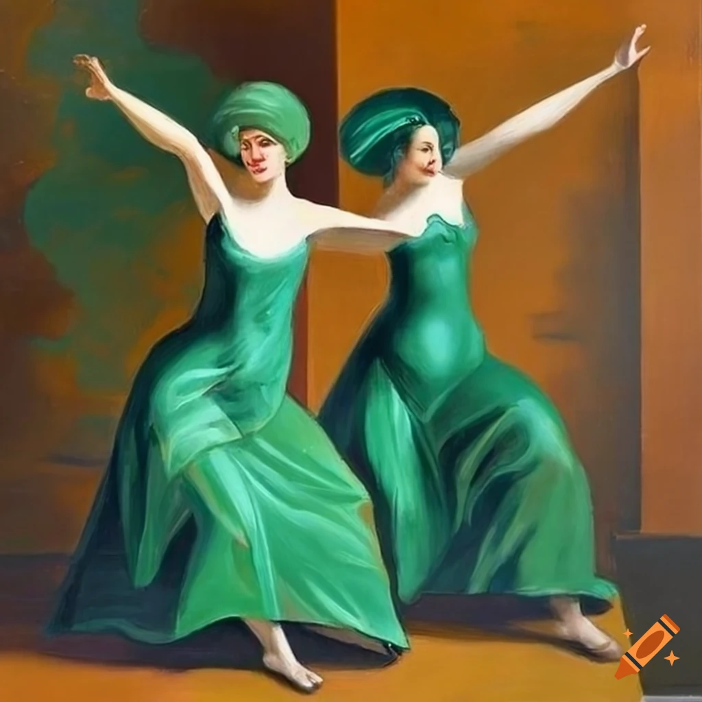 Painting of two women dancing in green art deco dresses, pieter de ...