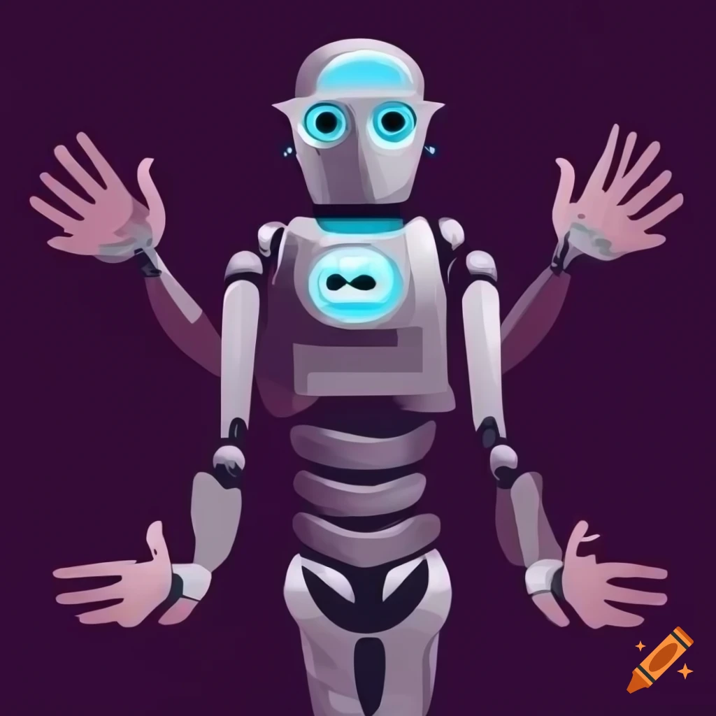 A din a0 poser of a robot with multiple hands in vector graphics style ...