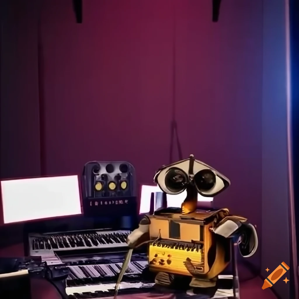 Wall-e observing musical instruments in a sound studio on Craiyon