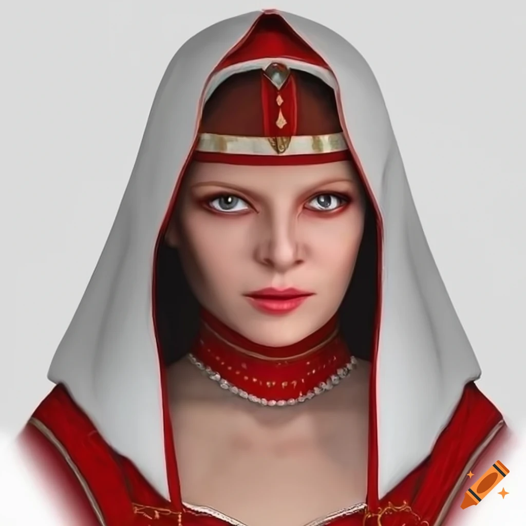 A beautiful female priestess wearing red and white, realistic on Craiyon
