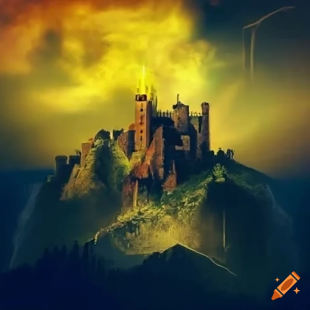 Castle ruins around magic geyser yellow aura in the mountains