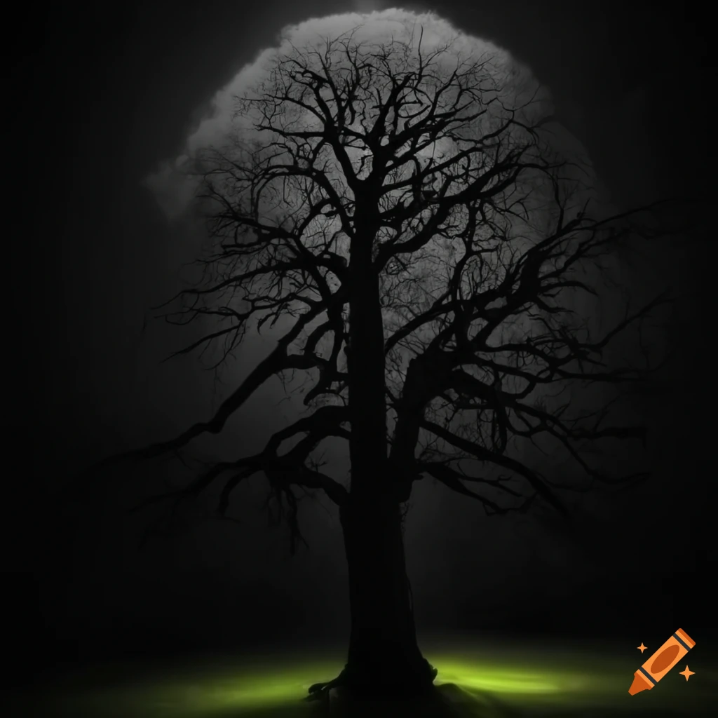 Tall long old tree without leaves, in the night, on a black background