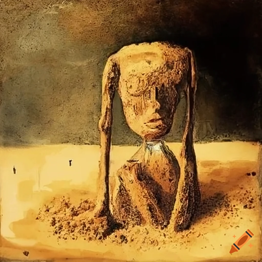 A tiny man inside an hourglass, building a sand castle, impressionist ...