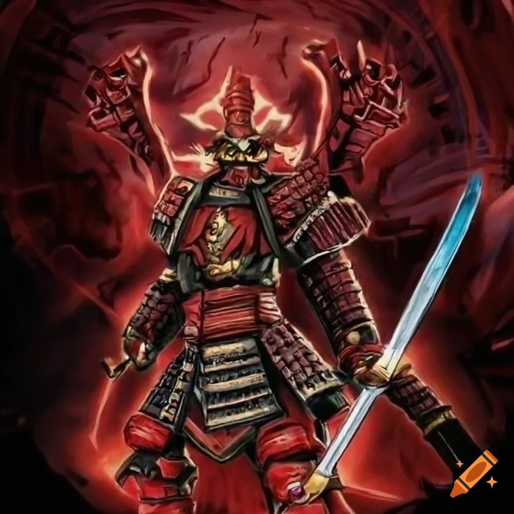 Yugioh card art, red clay japanese goblin samurai on Craiyon