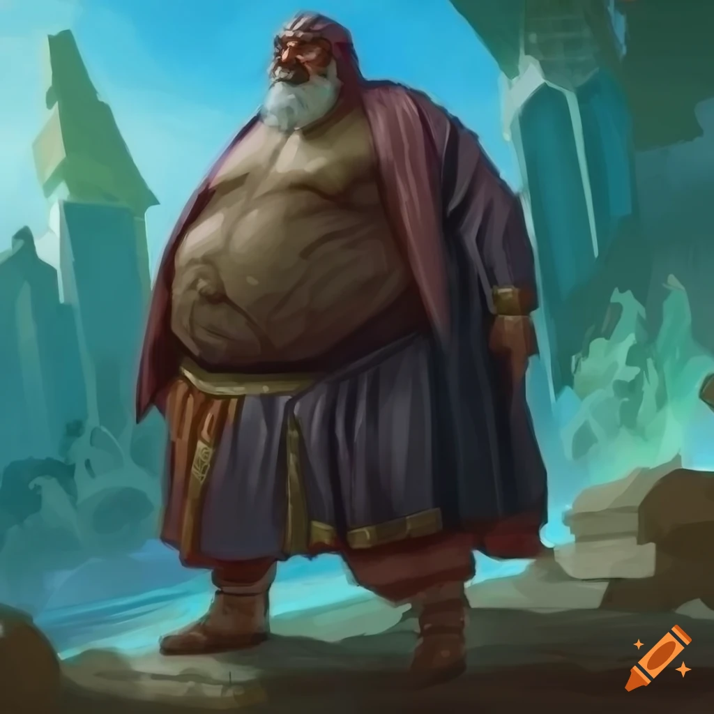 Fat old man wearing ancient Arabian clothes; mtg art style on Craiyon