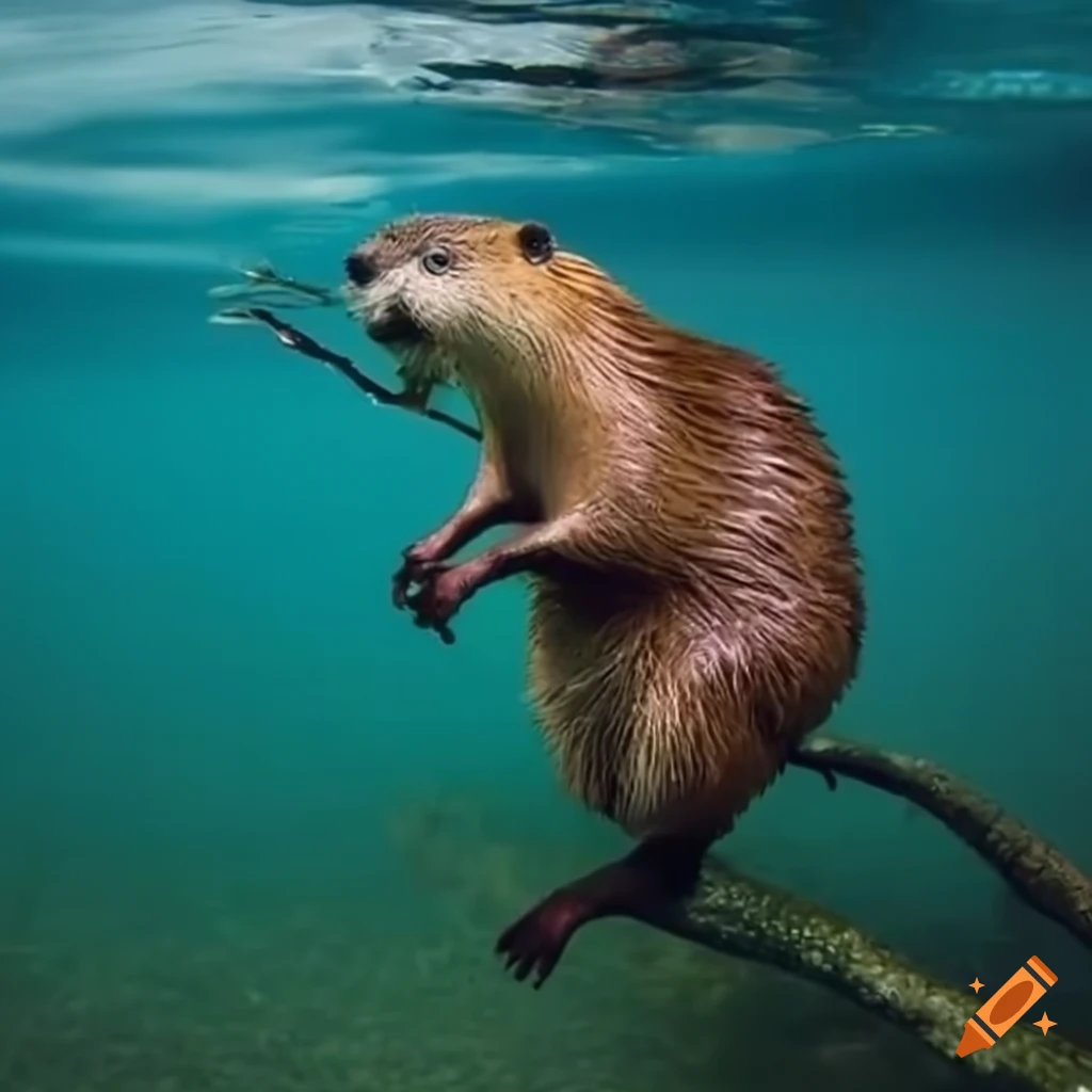 Realistic beaver holding branch underwater on Craiyon