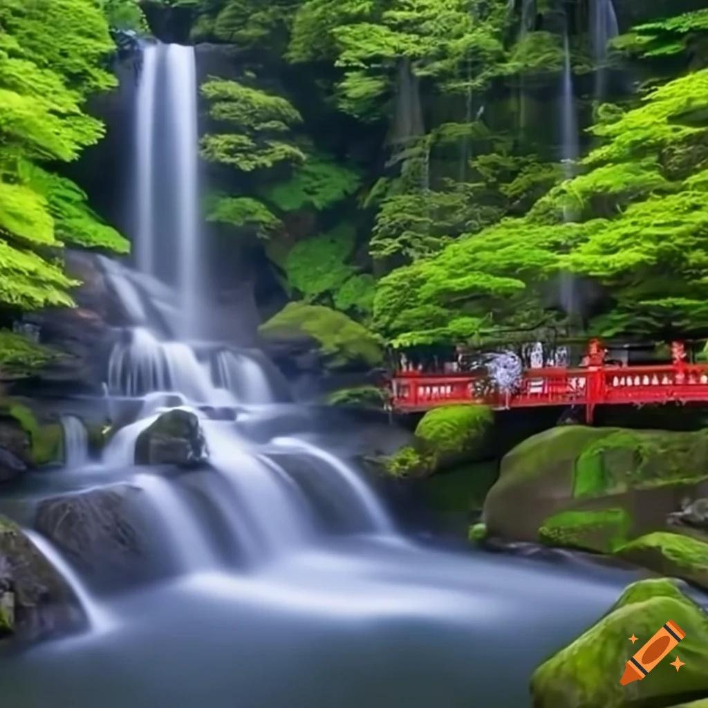 A beautiful Japanese waterfall and shrine on Craiyon
