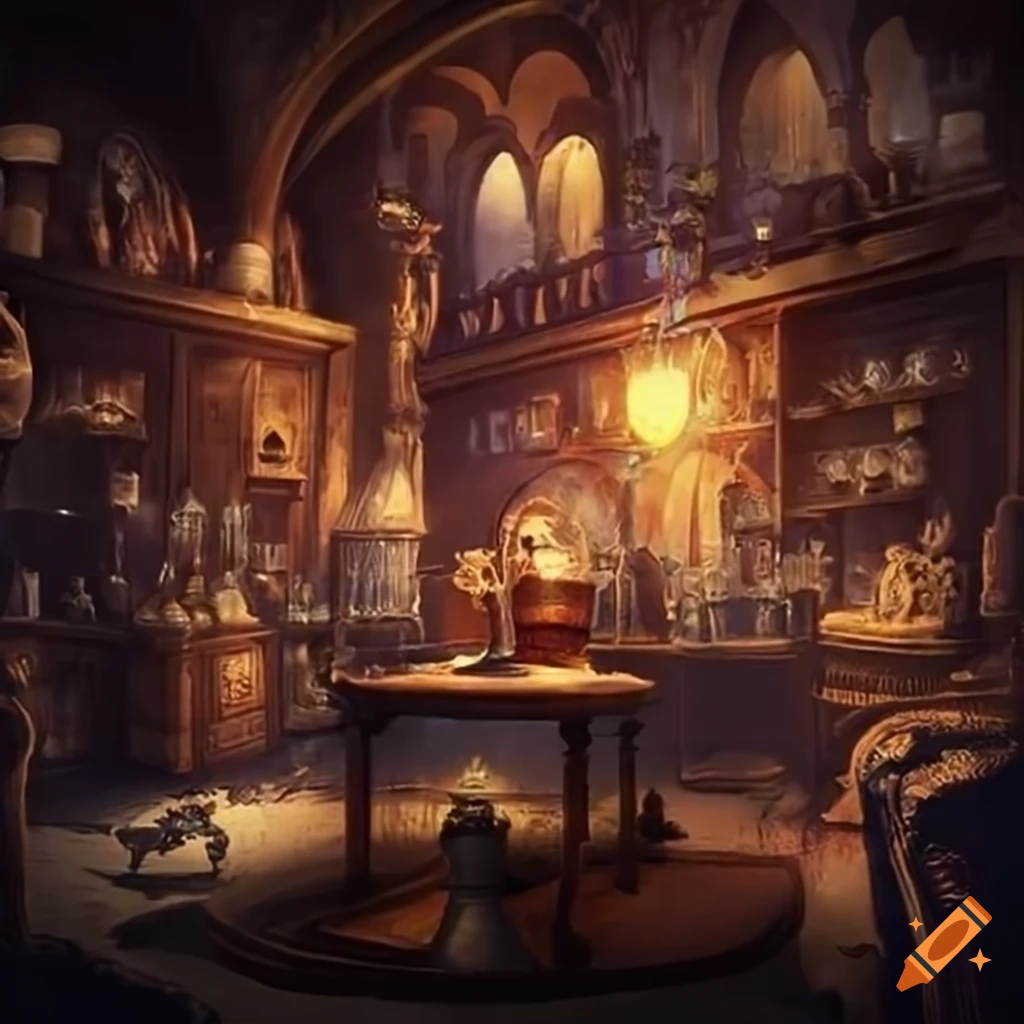 The inside of a potions alchemy laboratory shop magical fantasy ornate ...