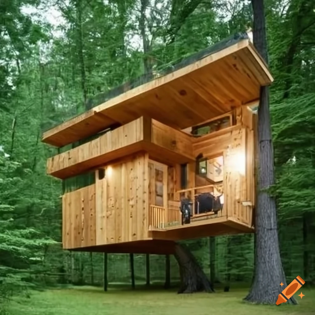 Contemporary timber treehouses in forest