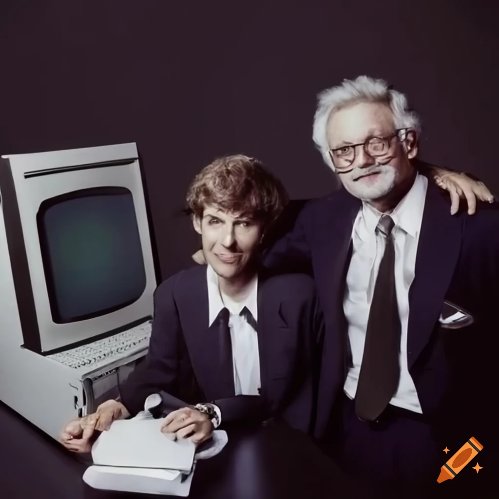 Employees pose with vintage computer in business photo from 1985
