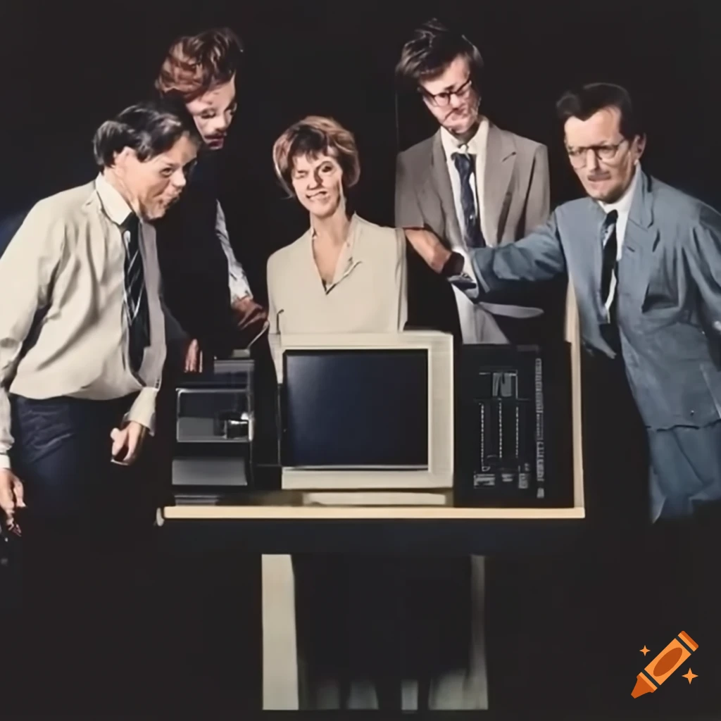 Employees pose with vintage computer in business photo from 1985