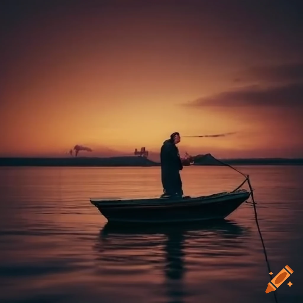 Boatman in his boat in a middle of picture the backgrand is sunset in ...