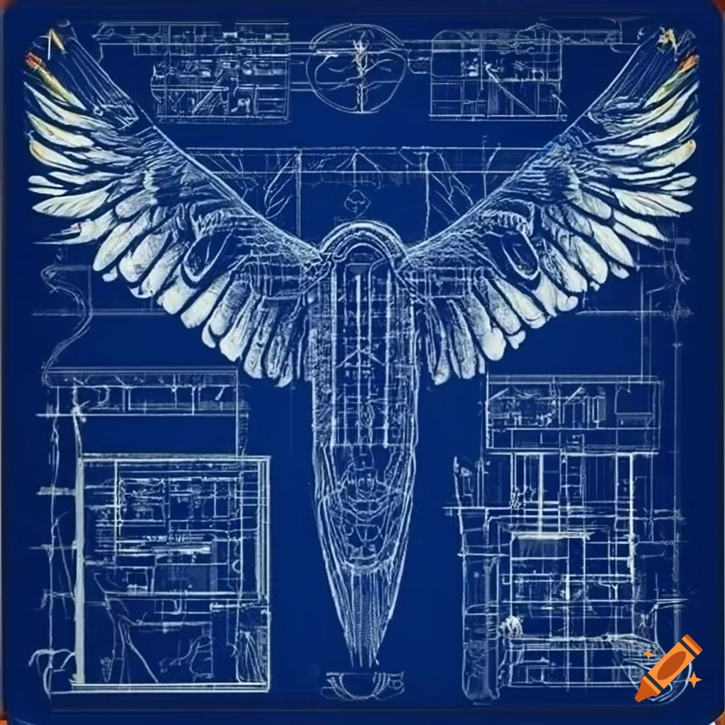 Bird wing blueprint design high definition note writing on Craiyon
