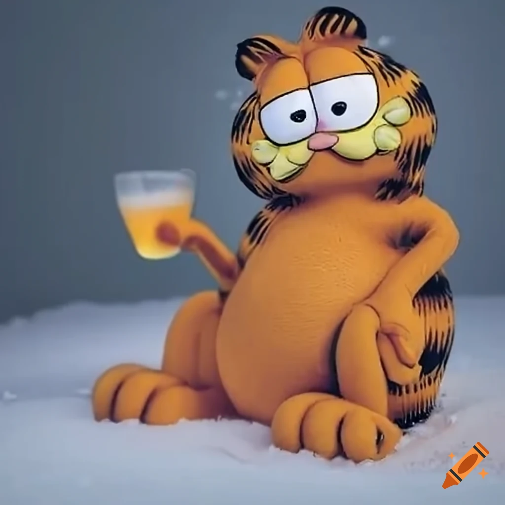 Garfield in the snow drinking coco
