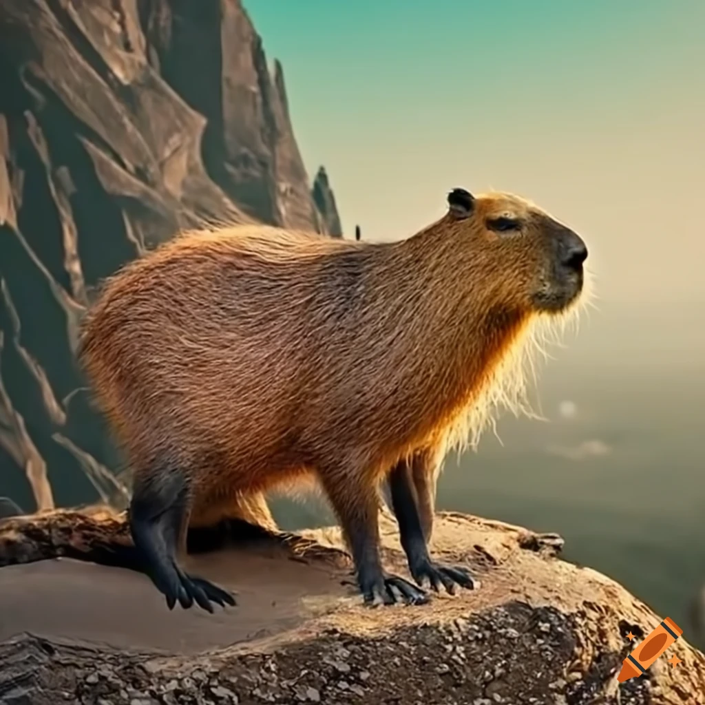 A capybara wearing a climbing harnes in the mountain and ready to climb ...