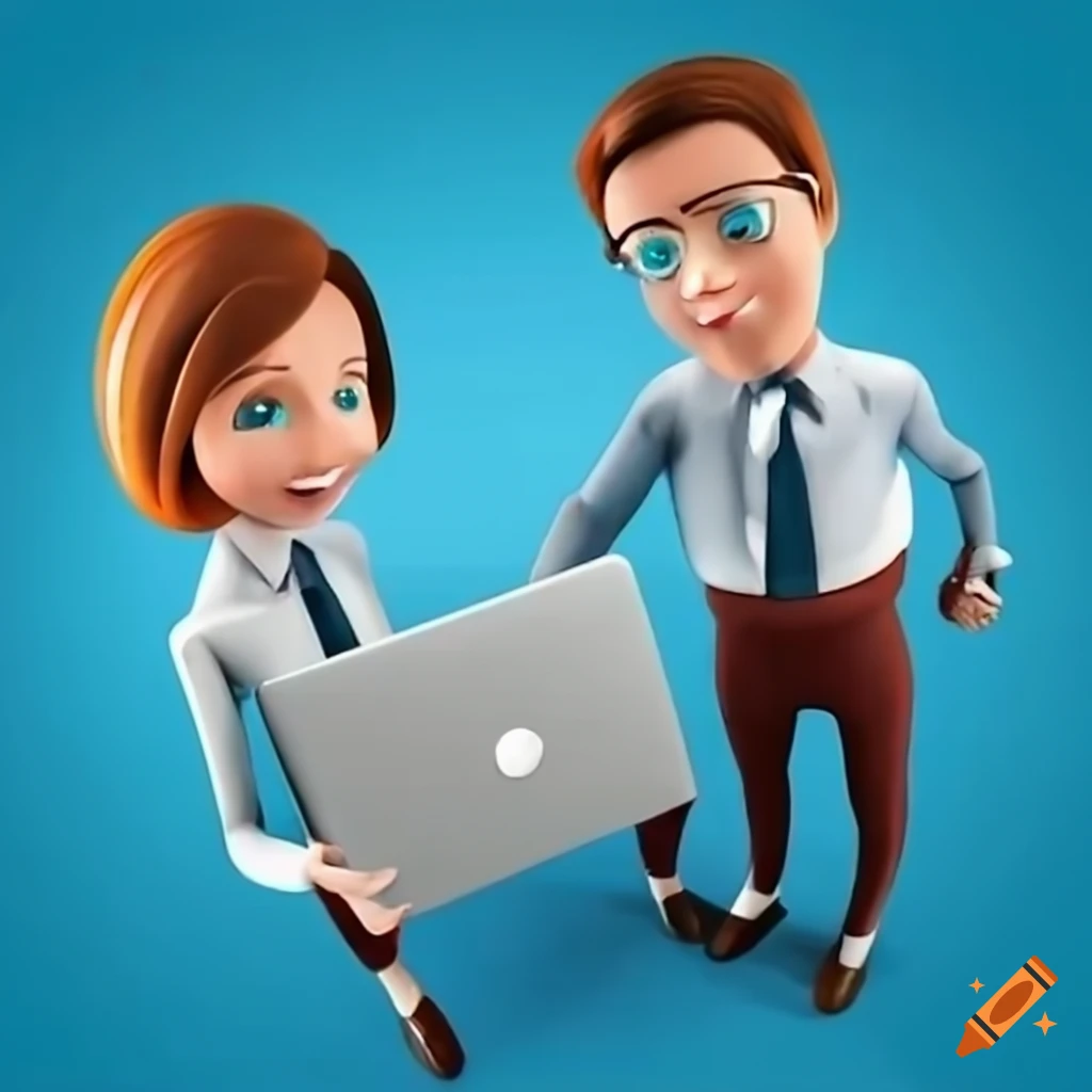 Office with two people exchanging laptop on Craiyon