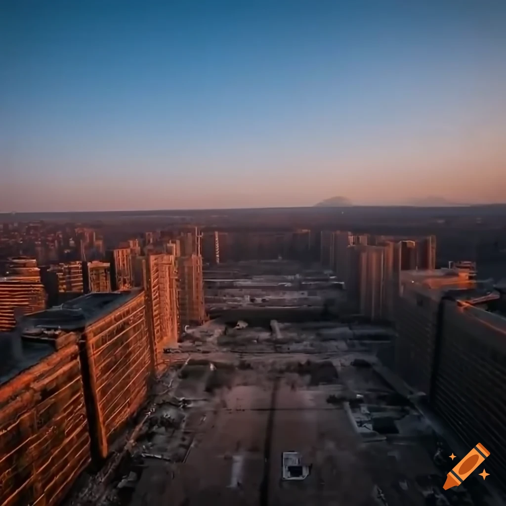 Apocalyptic landscape, city, orange/blue sky, 4k, realistic, at dawn