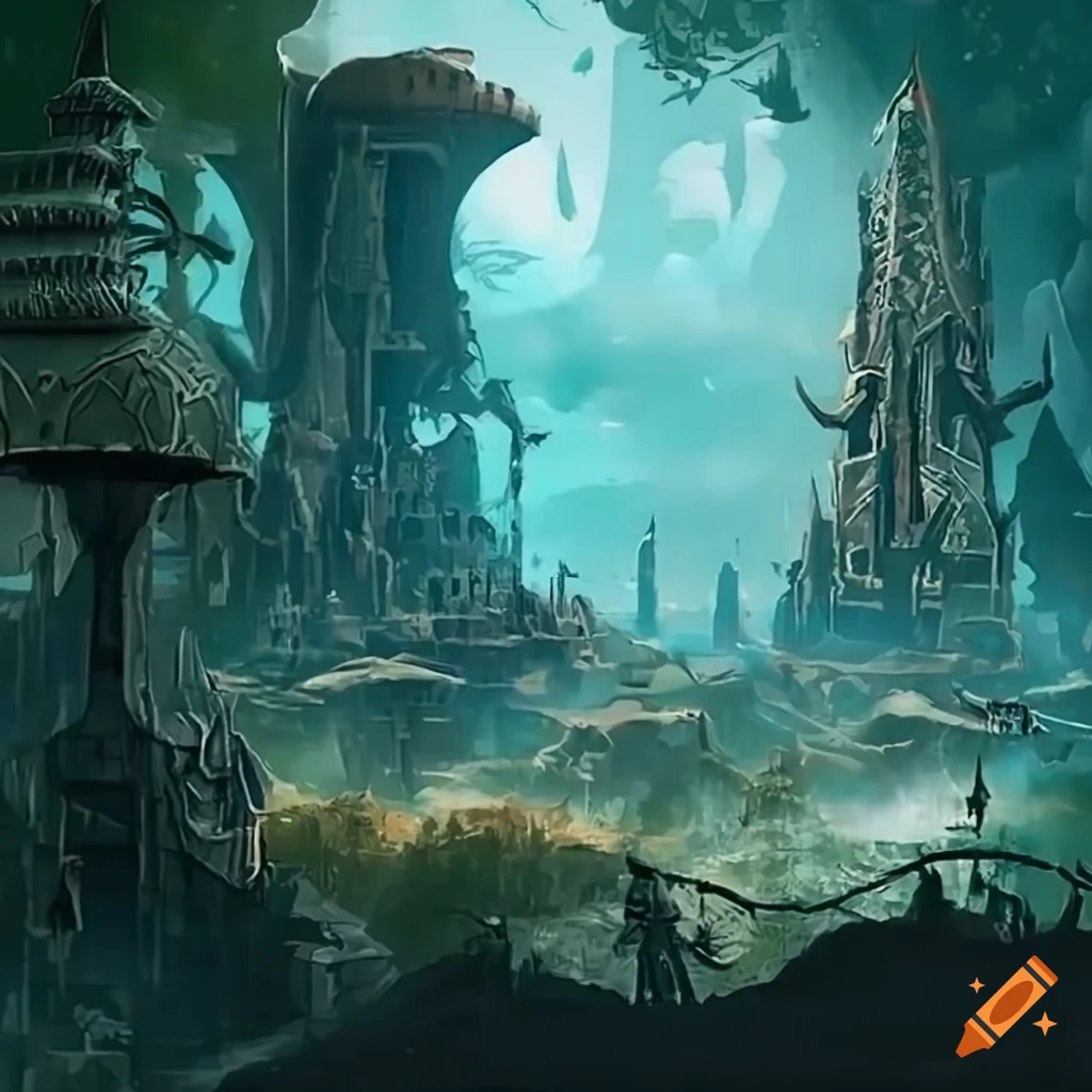 Eldar city in a forest planet in warhammer 40k universe