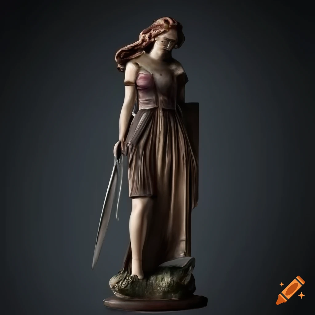 Statue of a female holding a sword and scales dark oil paint