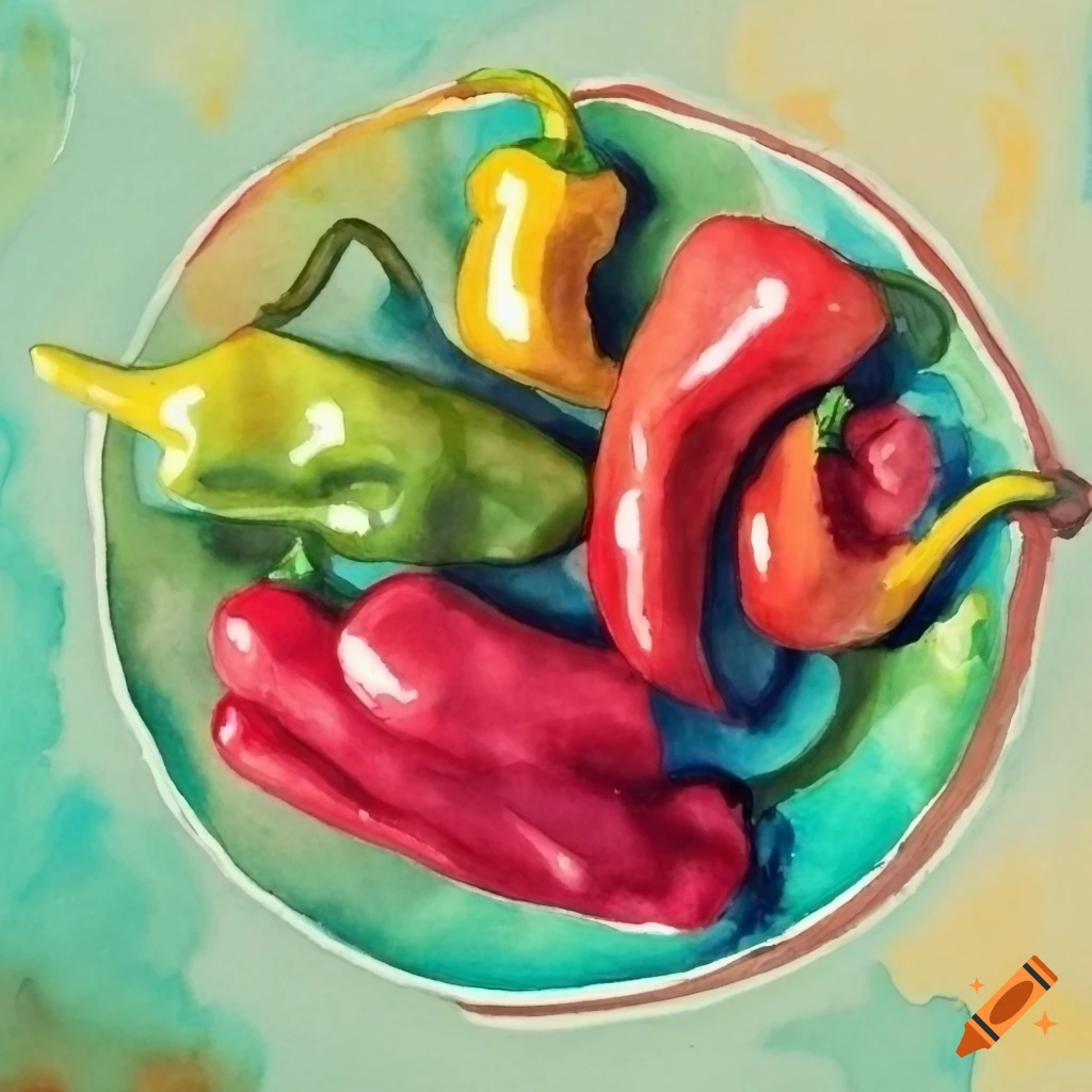 A plate full of peppers in various colours, watercolourstyle on Craiyon