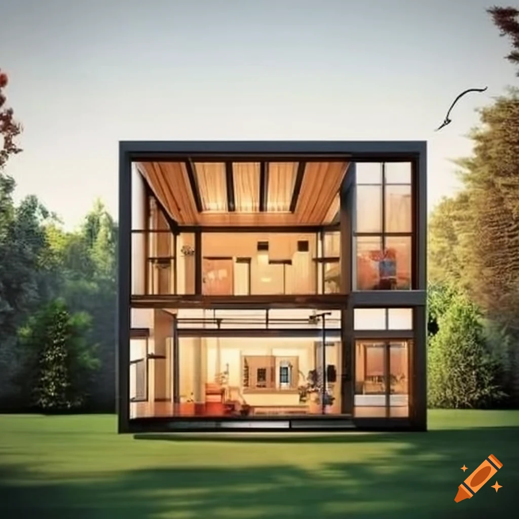 Contemporary house with large spans and 2 floors. front wooden deck and ...