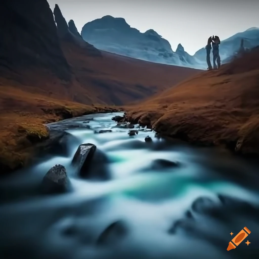 River running through moor then falling off a cliff from behind with ...