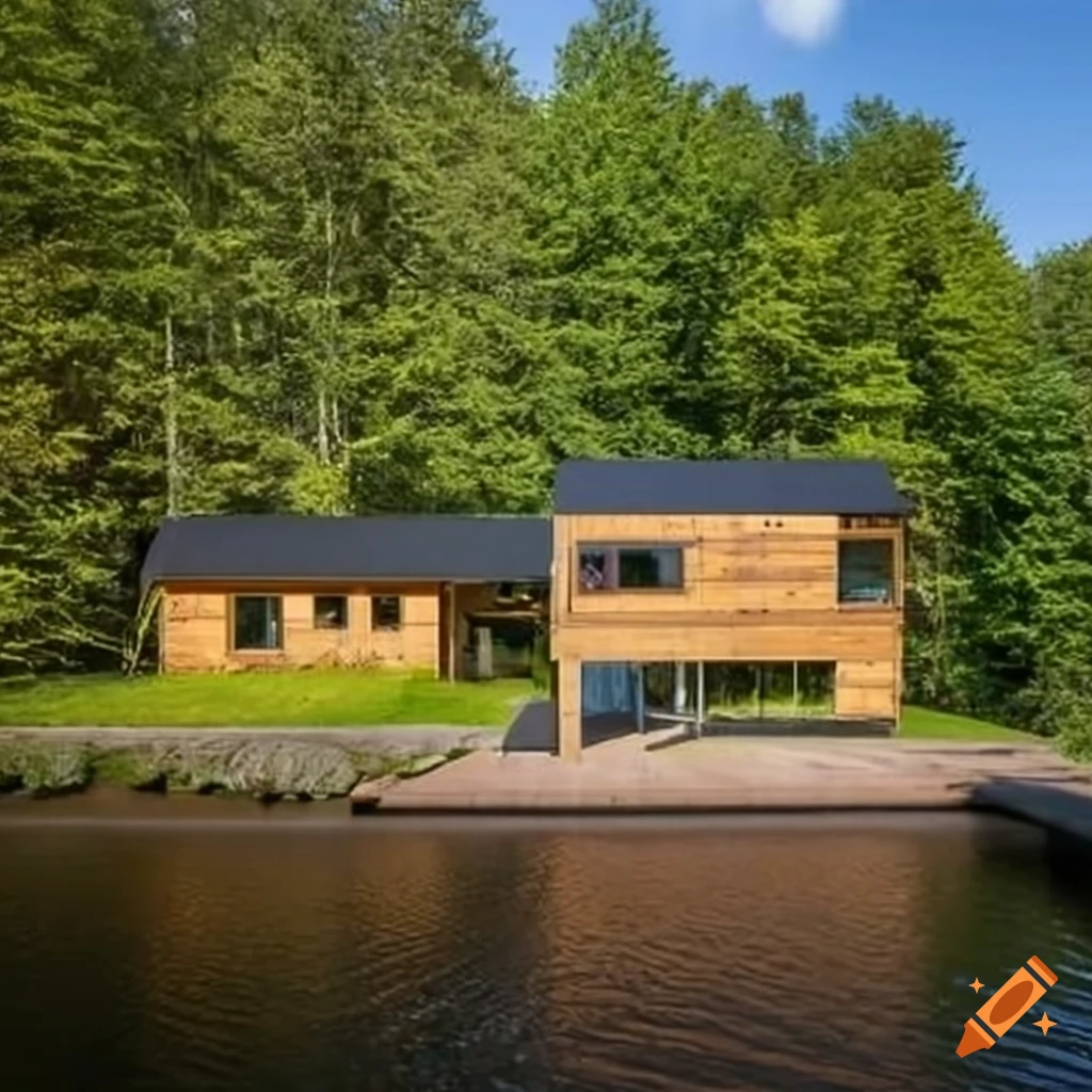 Contemporary timber houses on stilts with a raised walkway on a lake in ...