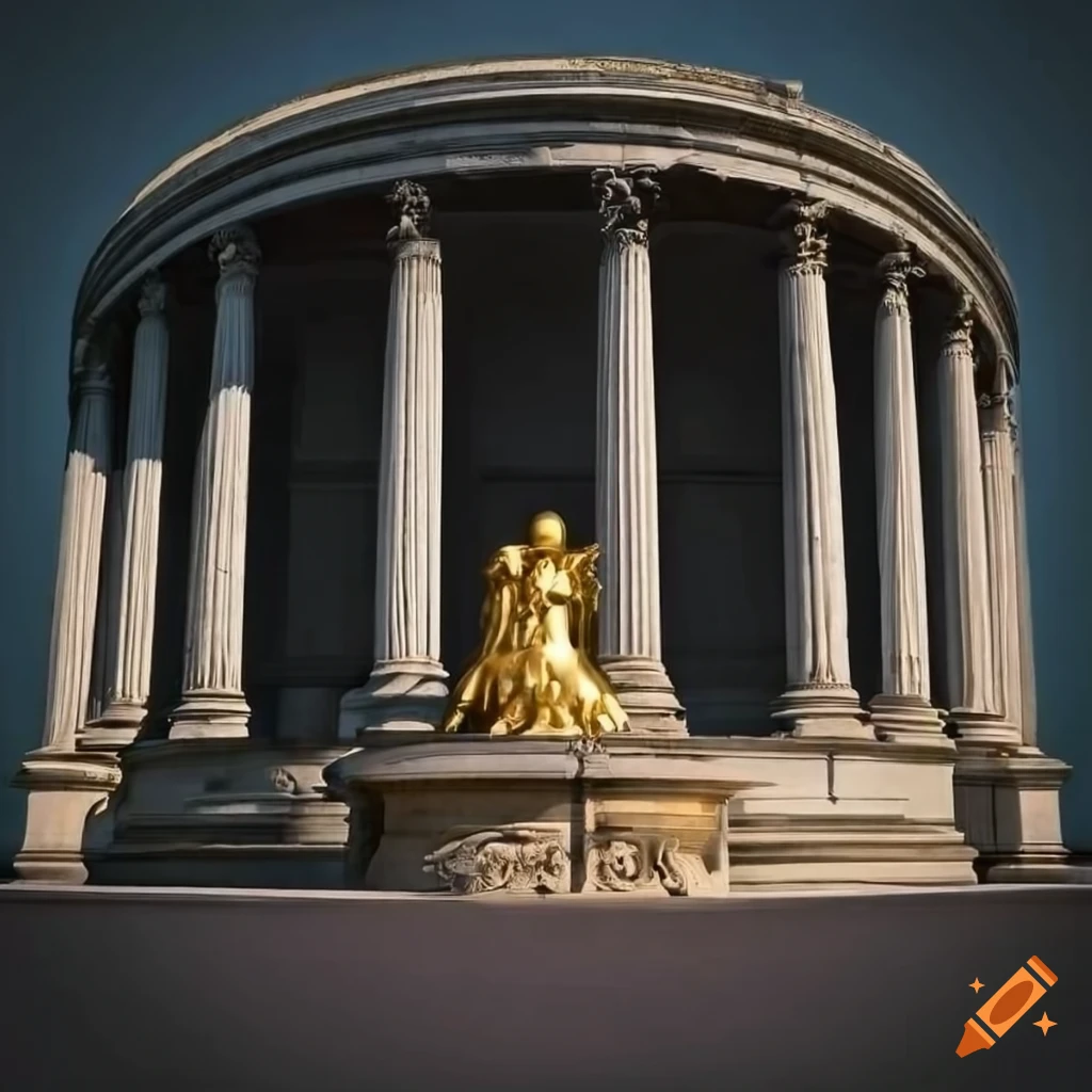 A round grandiose building made from black stone with columns. A golden ...