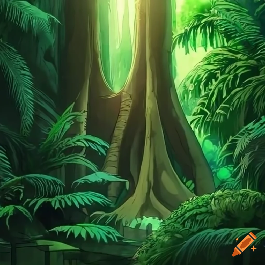 Tropical rainforest, giant trees, anime on Craiyon