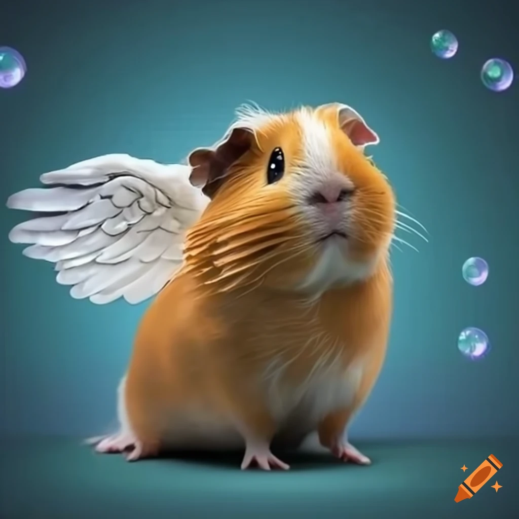 A guinea pig with angel wings and levitating dream bubble