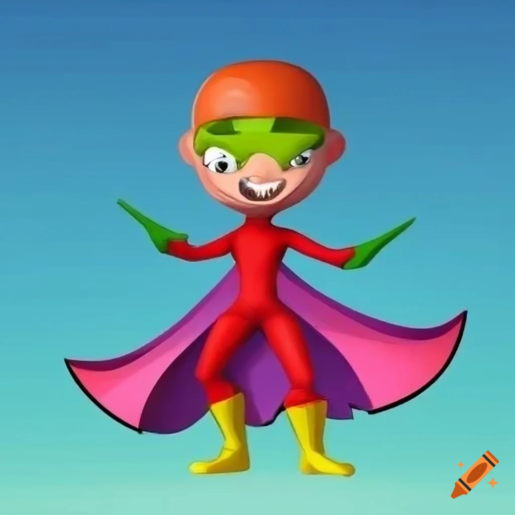 Cartoonish original superhero with sword, cape, and exaggerated nose