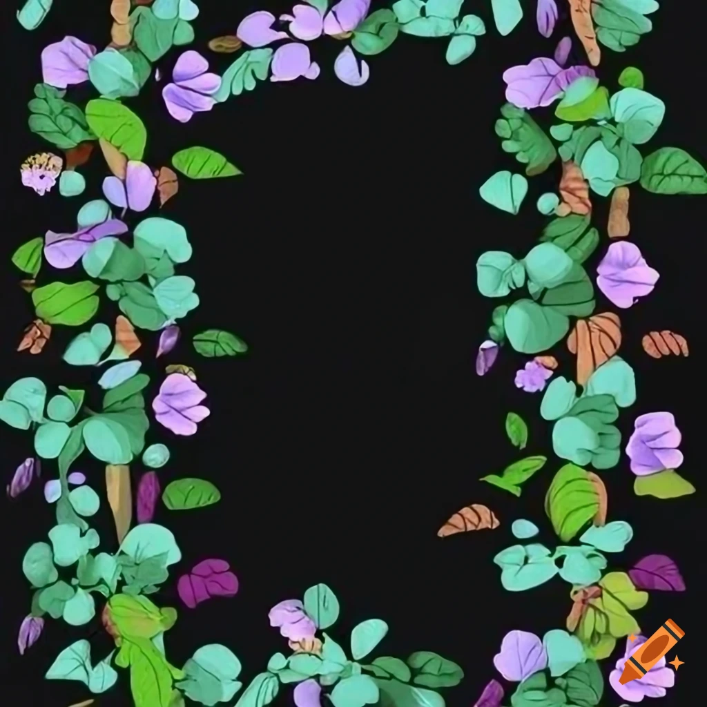 Climbing plants on borders in a black background frame