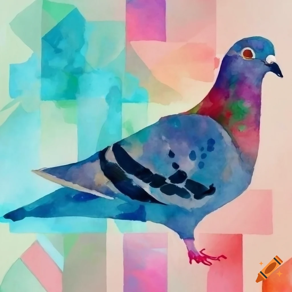 Colourfull pigeon in watercolor with geometric shapes